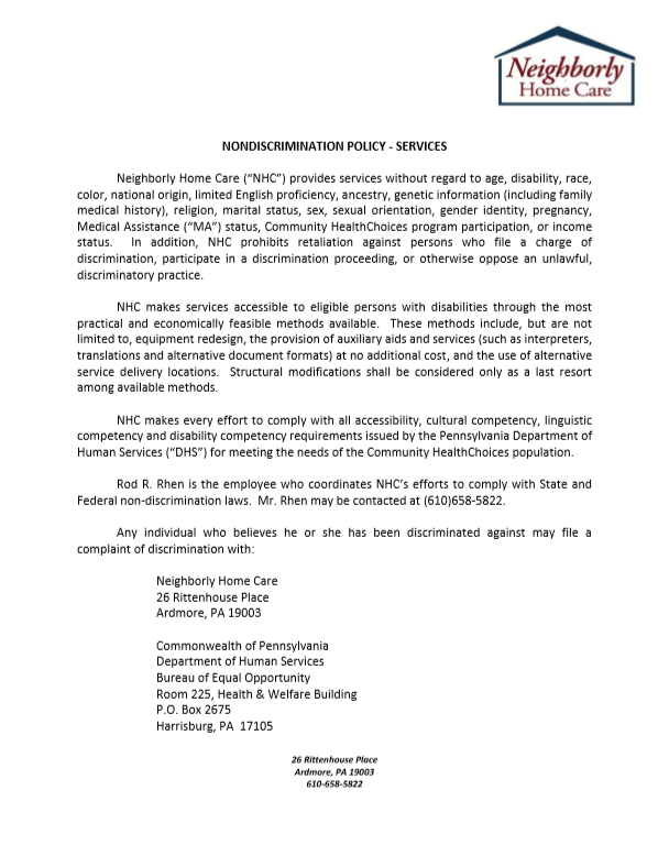 Privacy and Anti-Discrimination Policies - Neighborly Home Care
